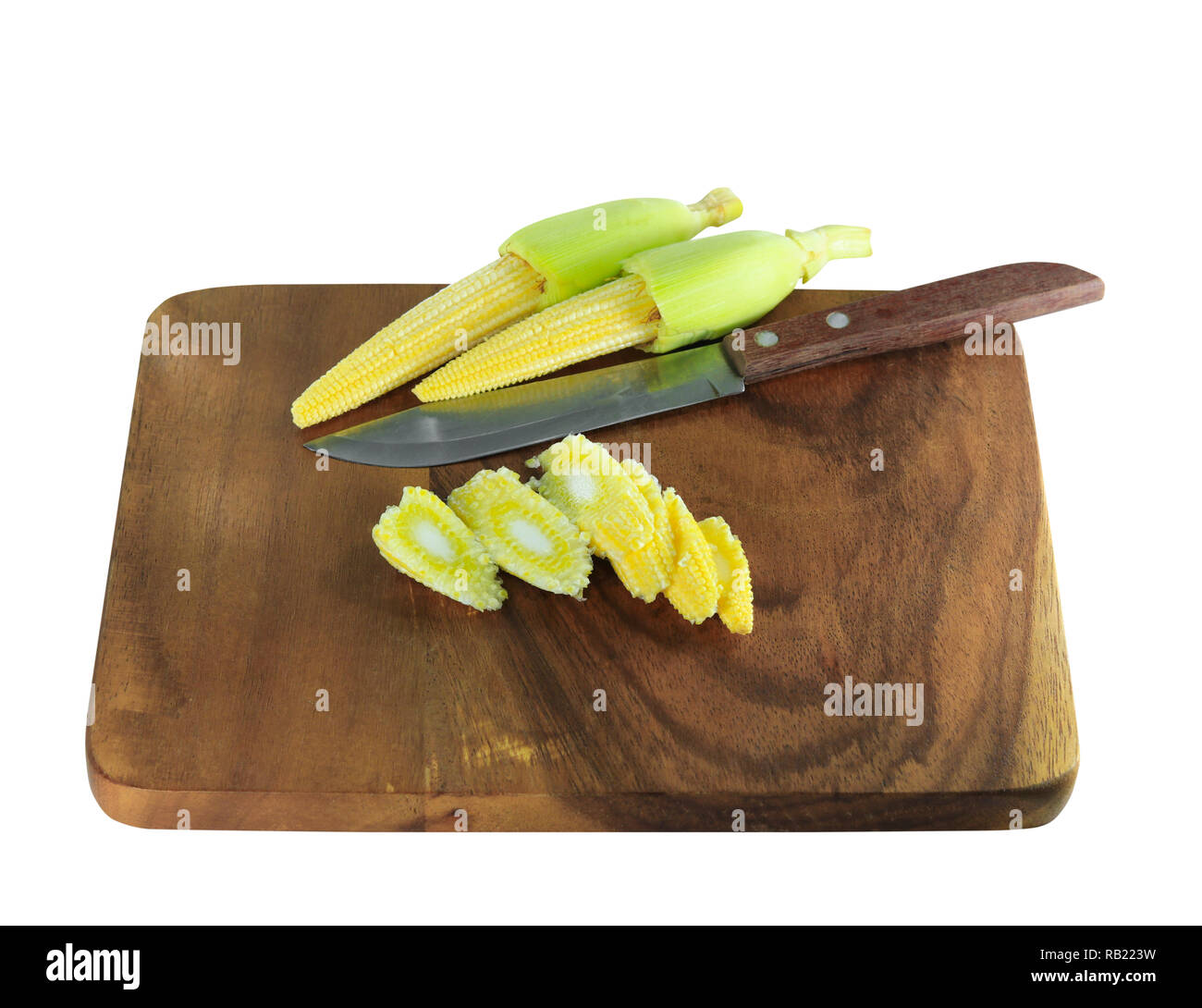 Young corn small. and sliced slice with knife on Chopping board ...