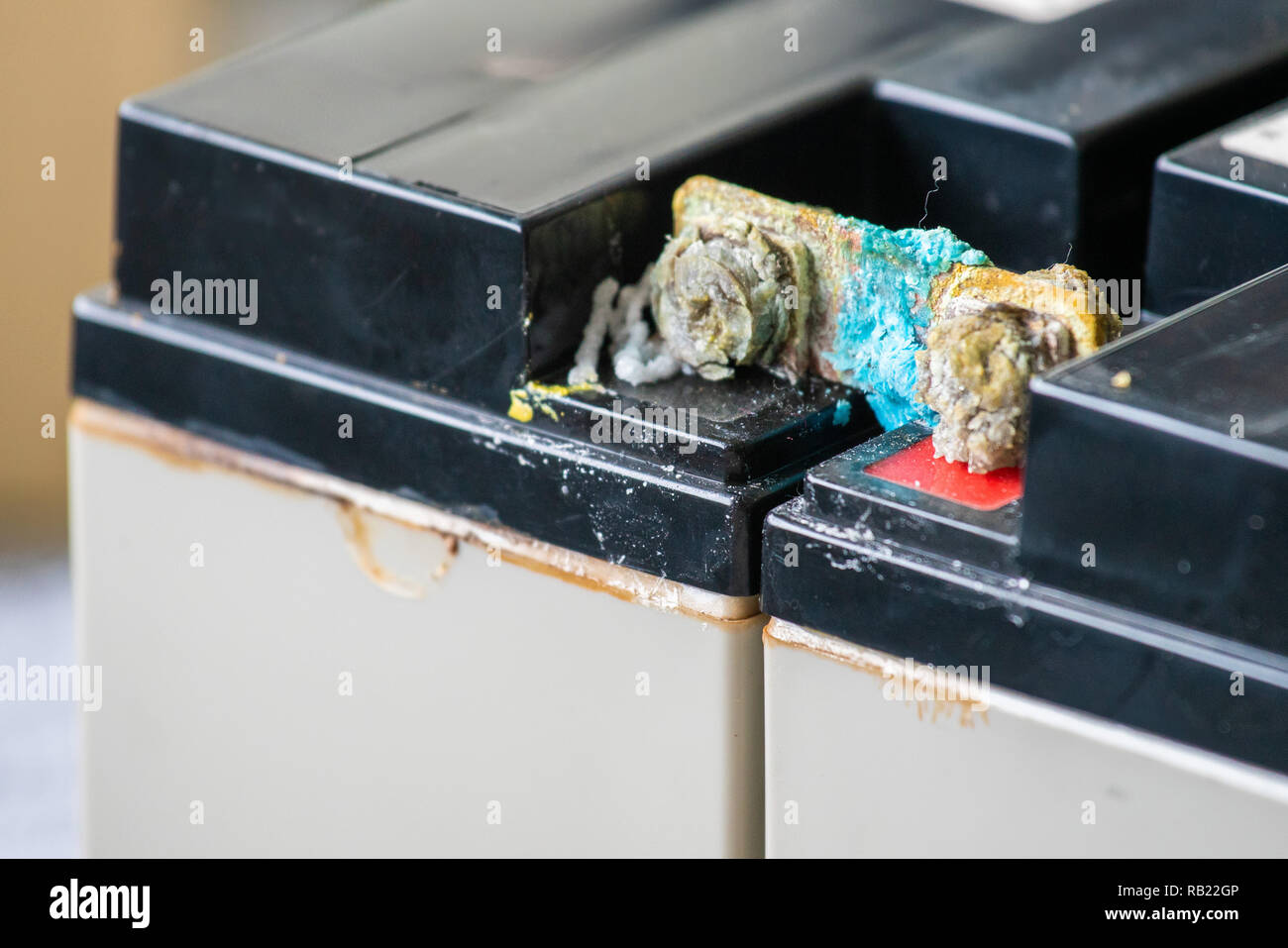 Old battery corrosion, seal lead acid battery damage Stock Photo - Alamy