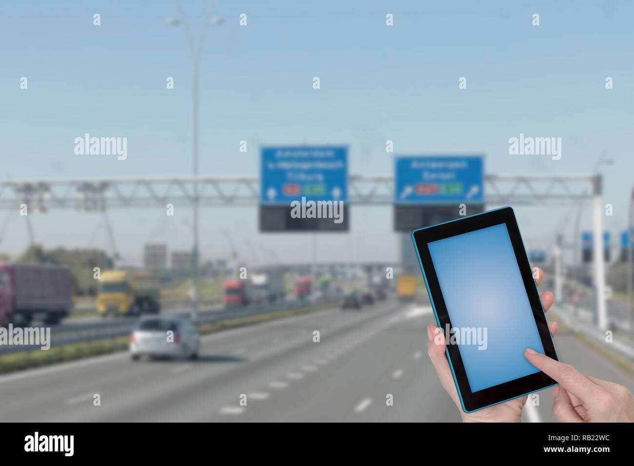 Riding a highway infographic concept. Finger touching tablet blue blank ...