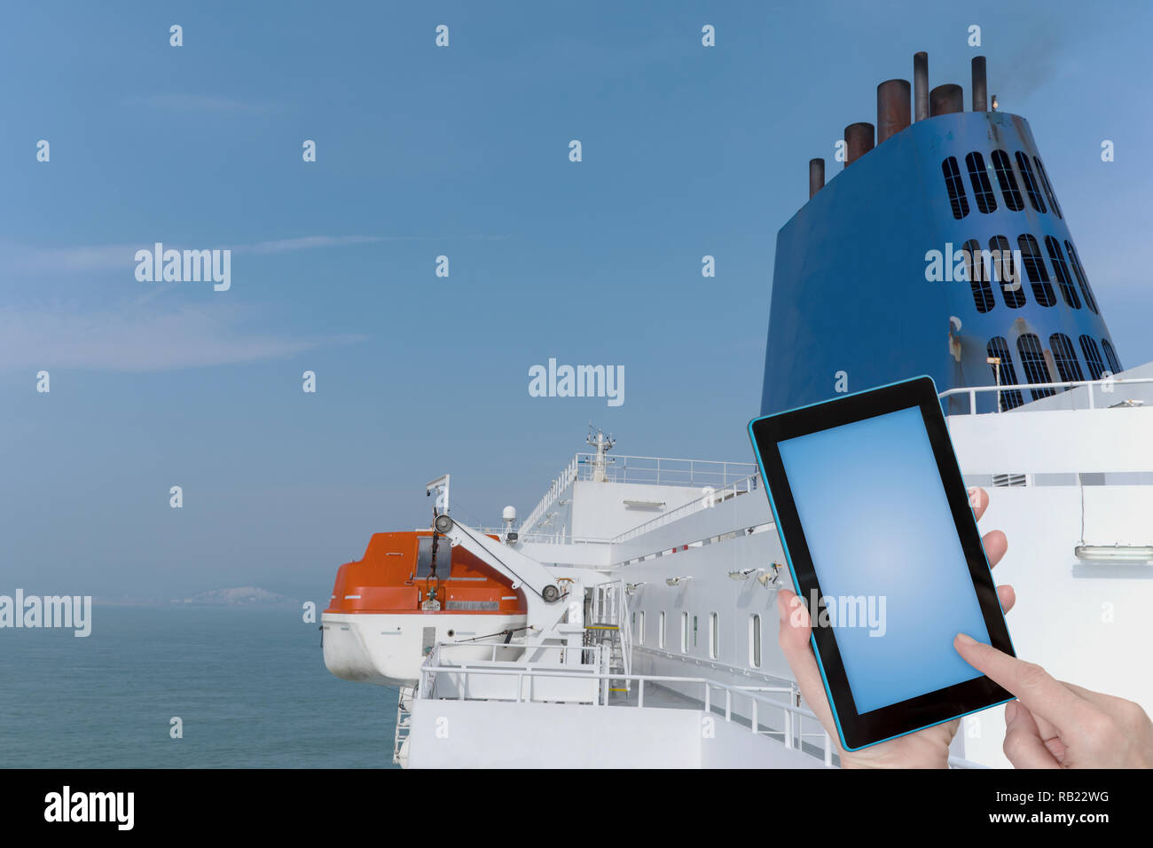 Travel by ferry infographic concept. Finger touching tablet blue blank ...