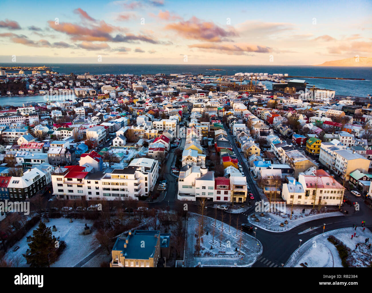 Aerial view of Reykjavik the capital city of Iceland during the sunset ...