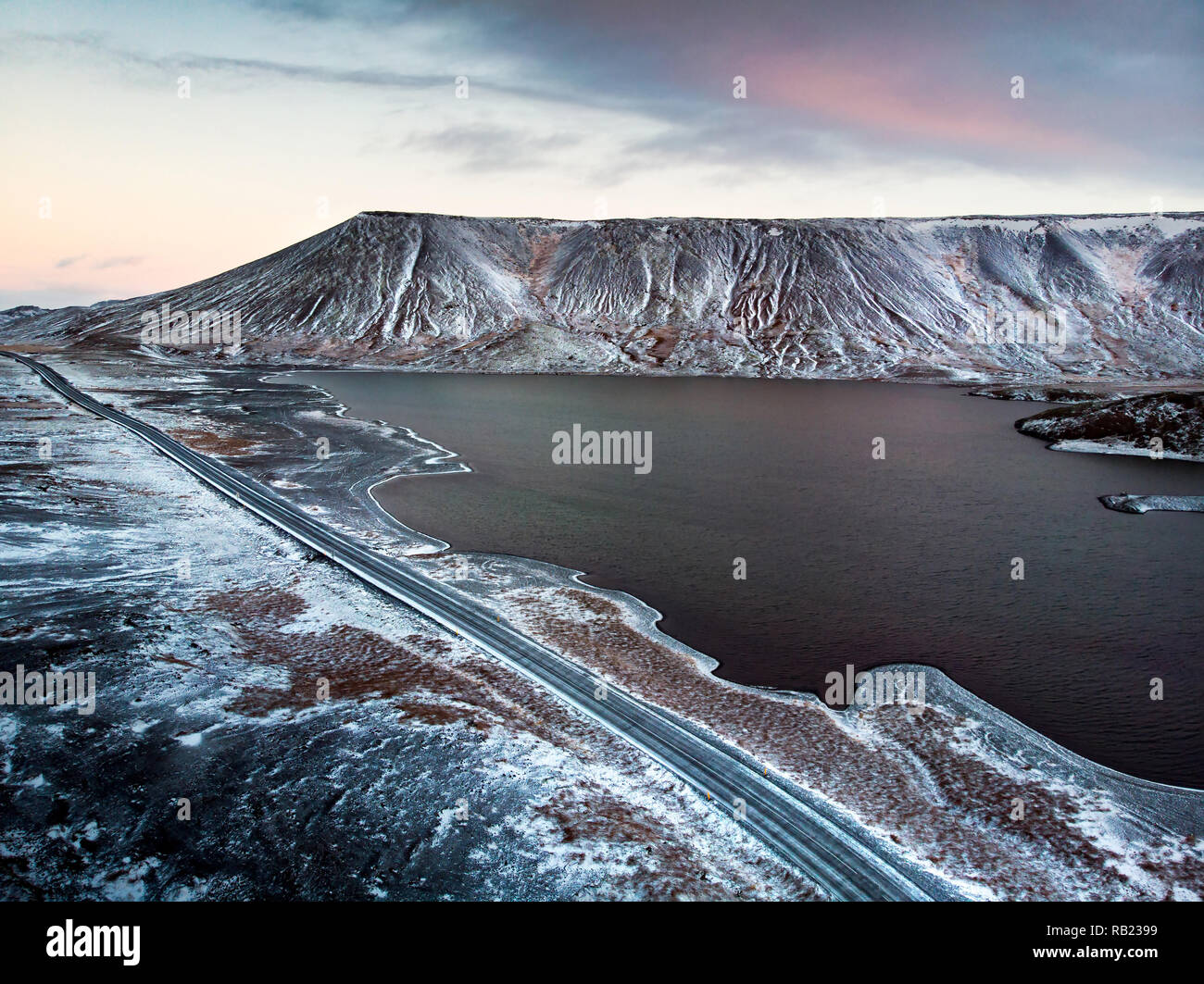 Kleifarvatn lake in Iceland in winter with scenic road aerial view ...