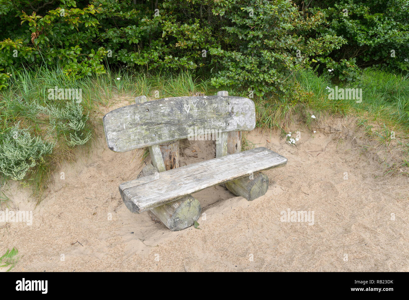 Bench on steep coast at sunrise, Langenberg, Bansin, Usedom, Baltic Sea ...