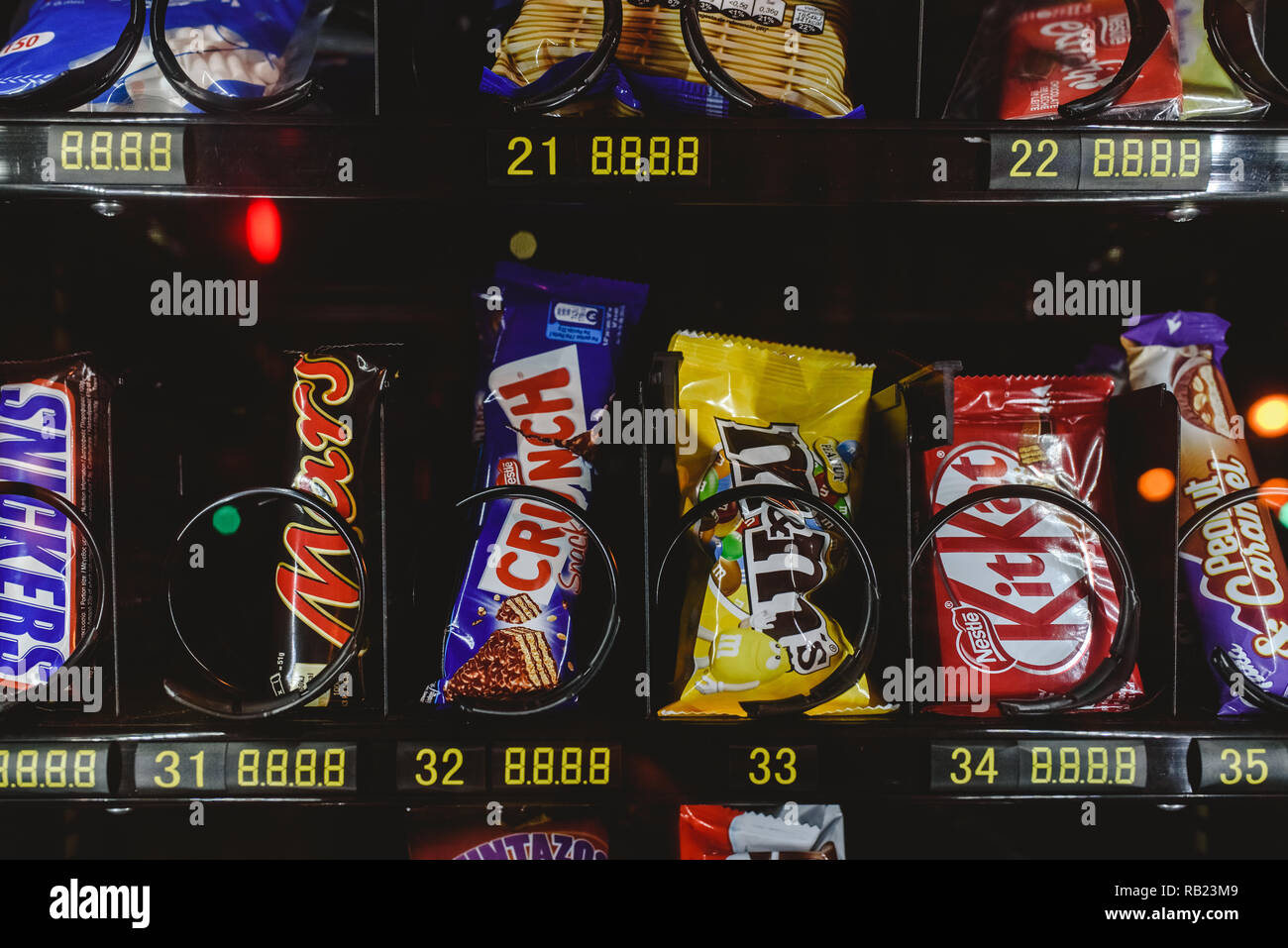Valencia, Spain - January 2, 2019: Content of a vending machine, junk ...