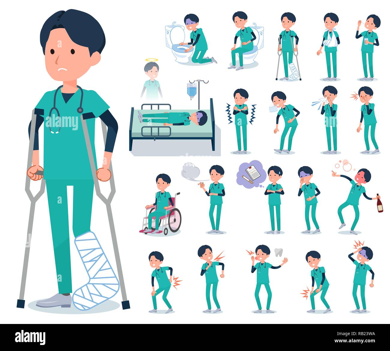 A set of Doctor man with injury and illness.There are actions that ...
