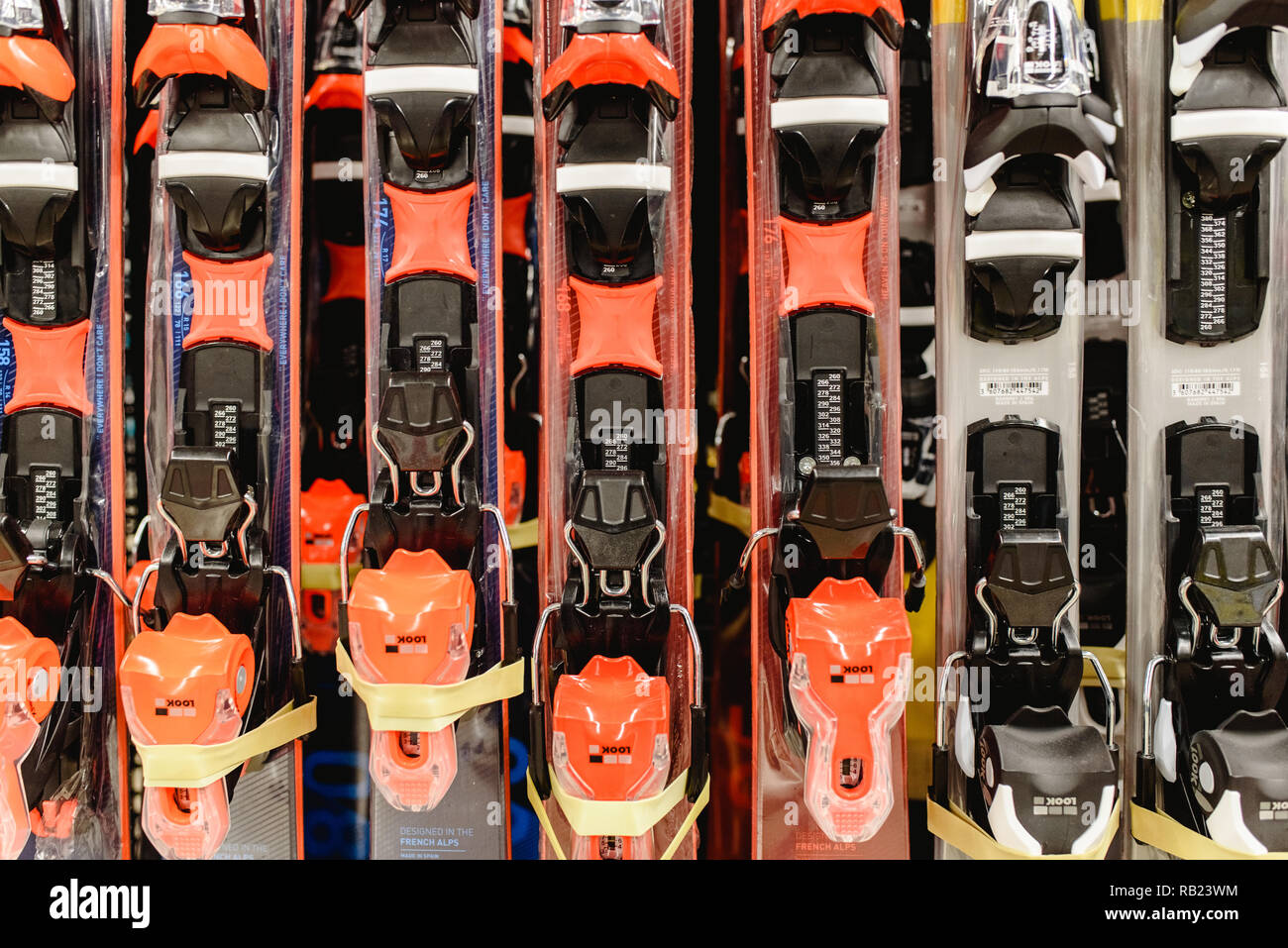 Valencia, Spain - January 2, 2019: Skis for sale in a large winter ...