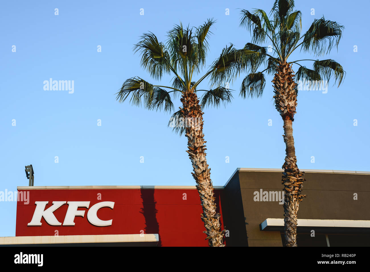 Valencia, Spain - January 3, 2019: KFC logo on top of a restaurant in ...