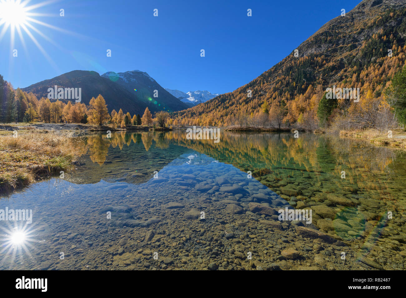 Lake with sun in autumn, Morteratsch valley, Pontresina, Engadin ...