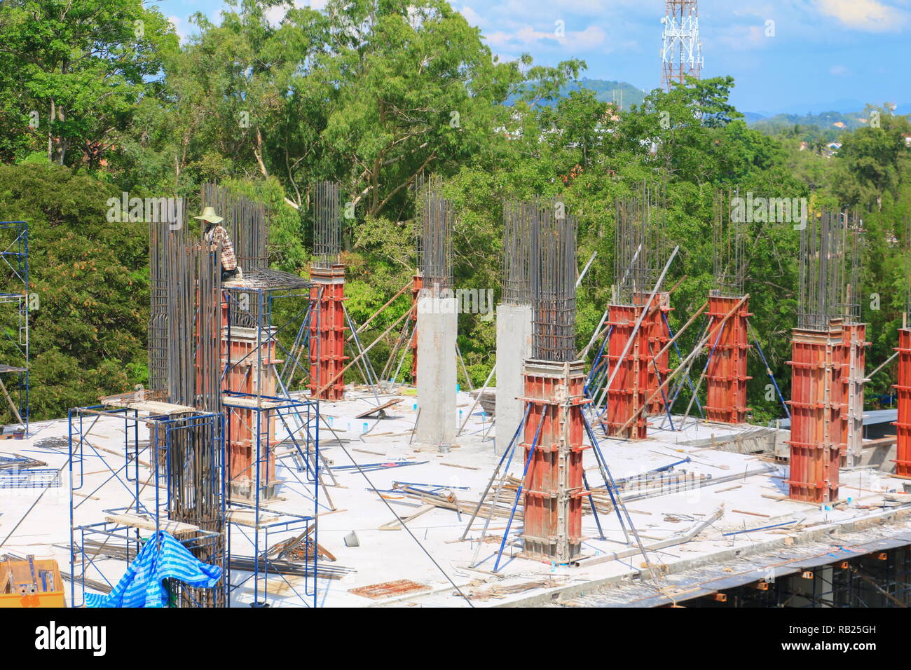 worker construction team working on high ground building commercial in ...