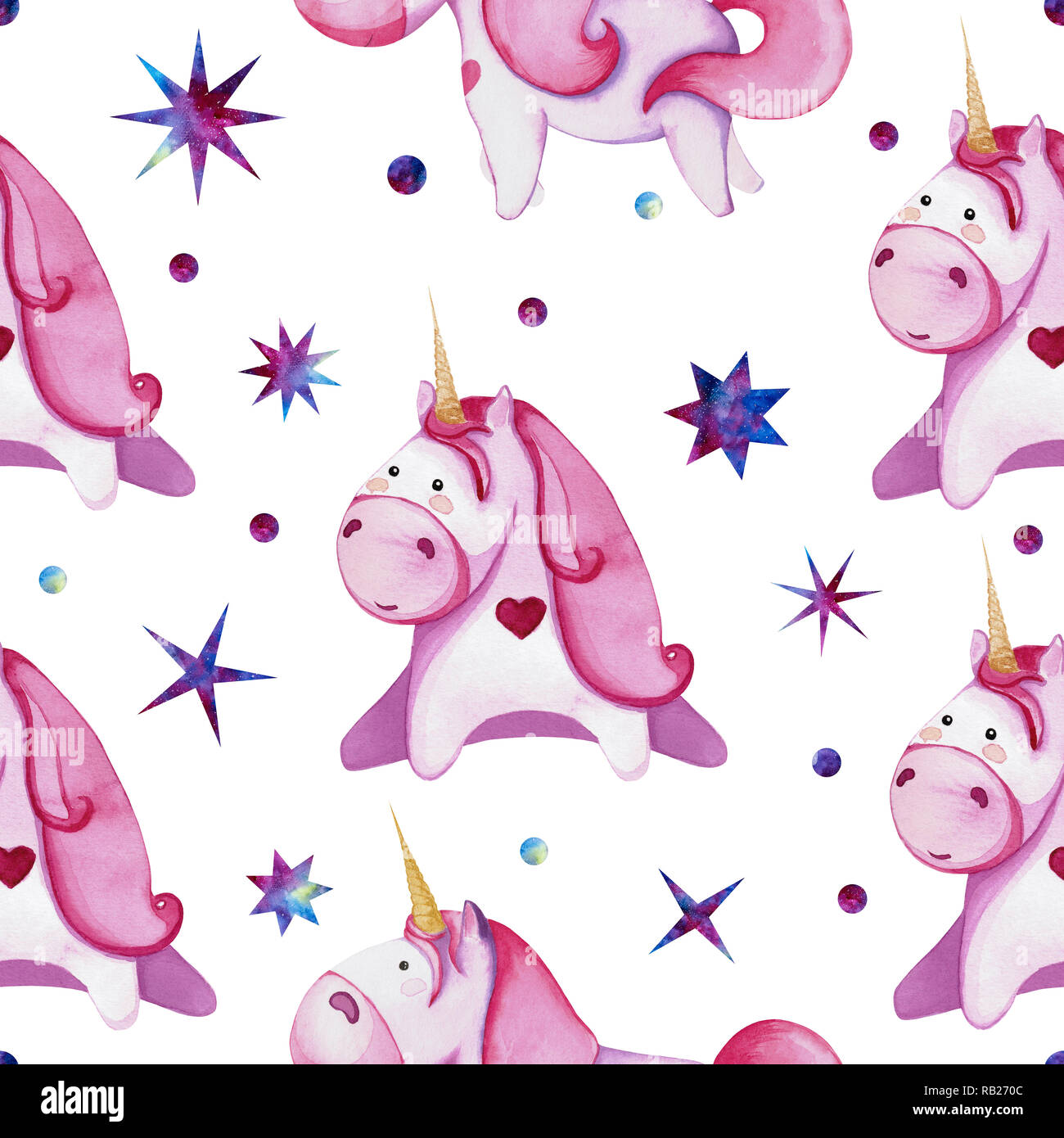 Seamless pattern with pink unicorns. Drawing with watercolor Stock ...