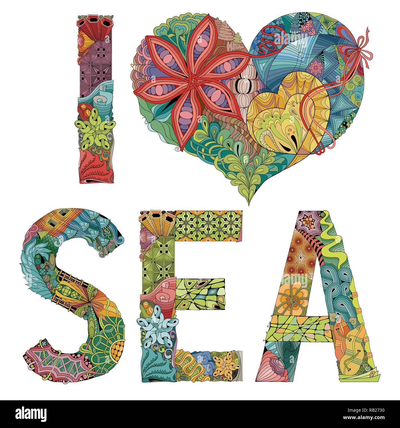 Words I LOVE SEA. Vector decorative zentangle object Stock Vector Image ...