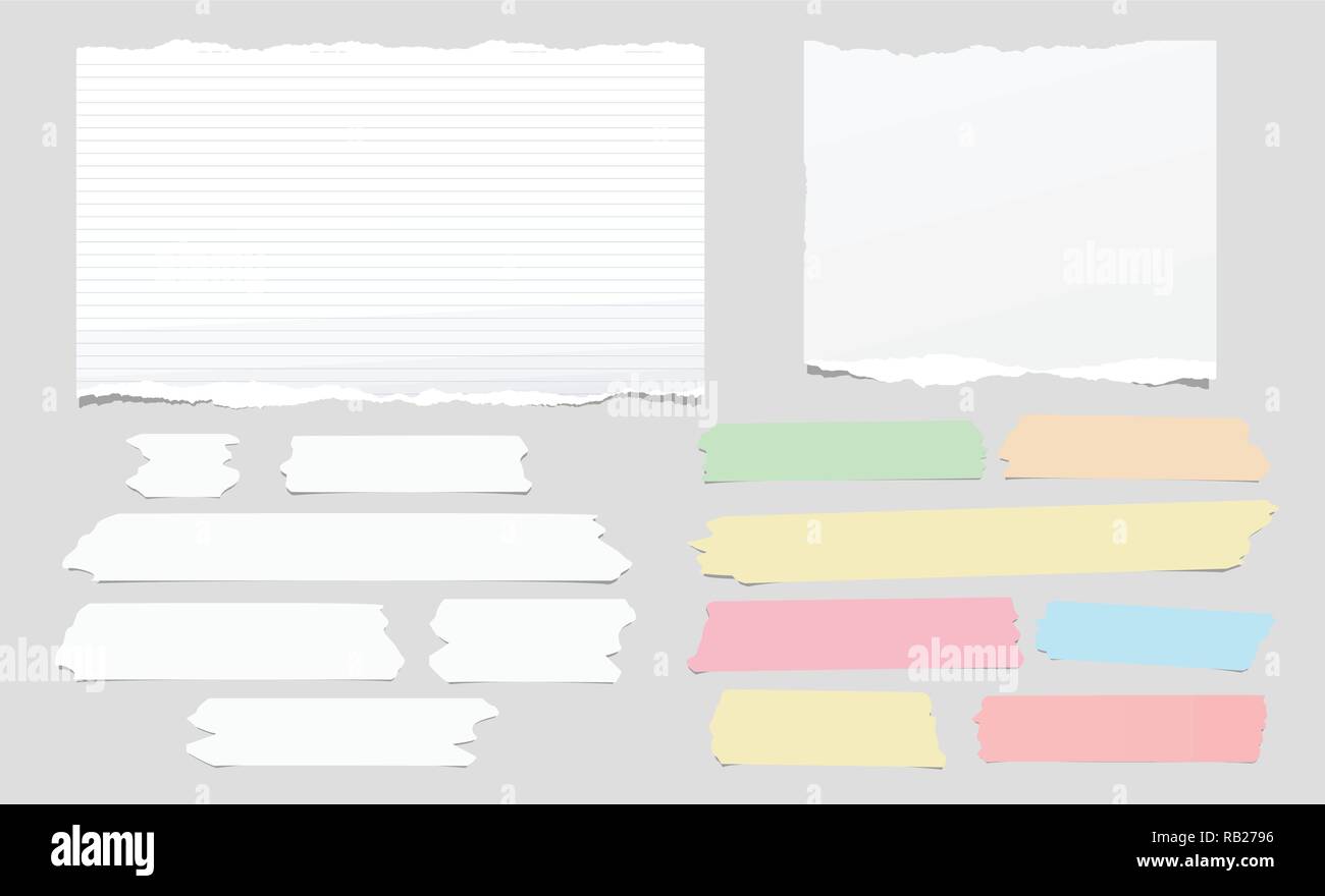 Set of white ripped note, notebook paper, torn sticky tape on grey ...