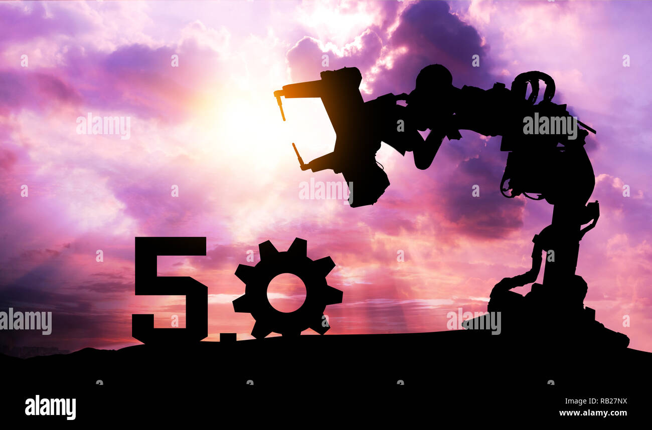 Silhouette of business man command automation robot arm machine ...