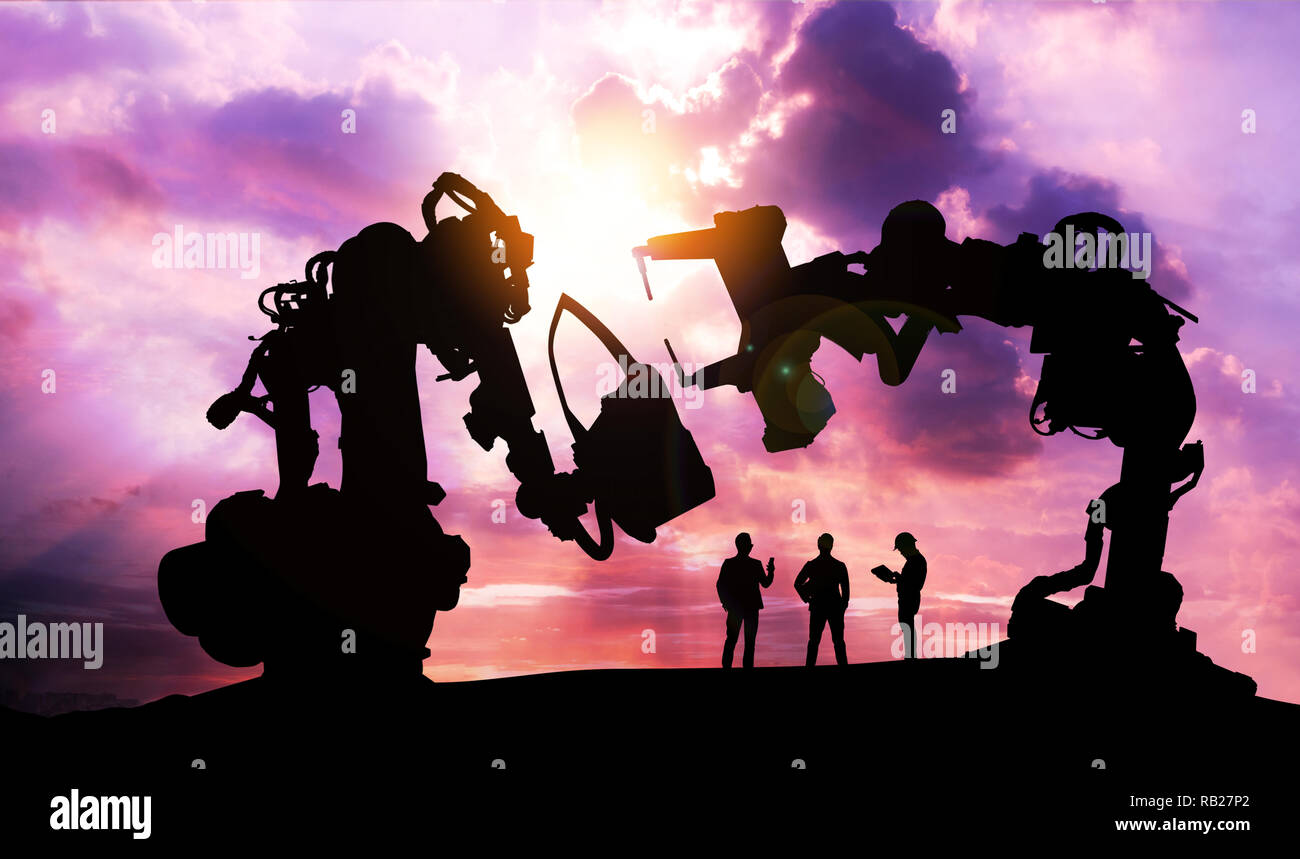 Silhouette of business man command automation robot arm machine ...