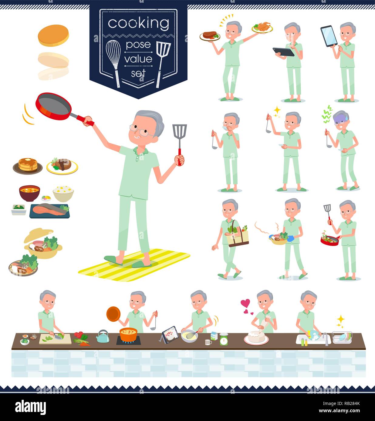 A set of patient old man about cooking.There are actions that are ...