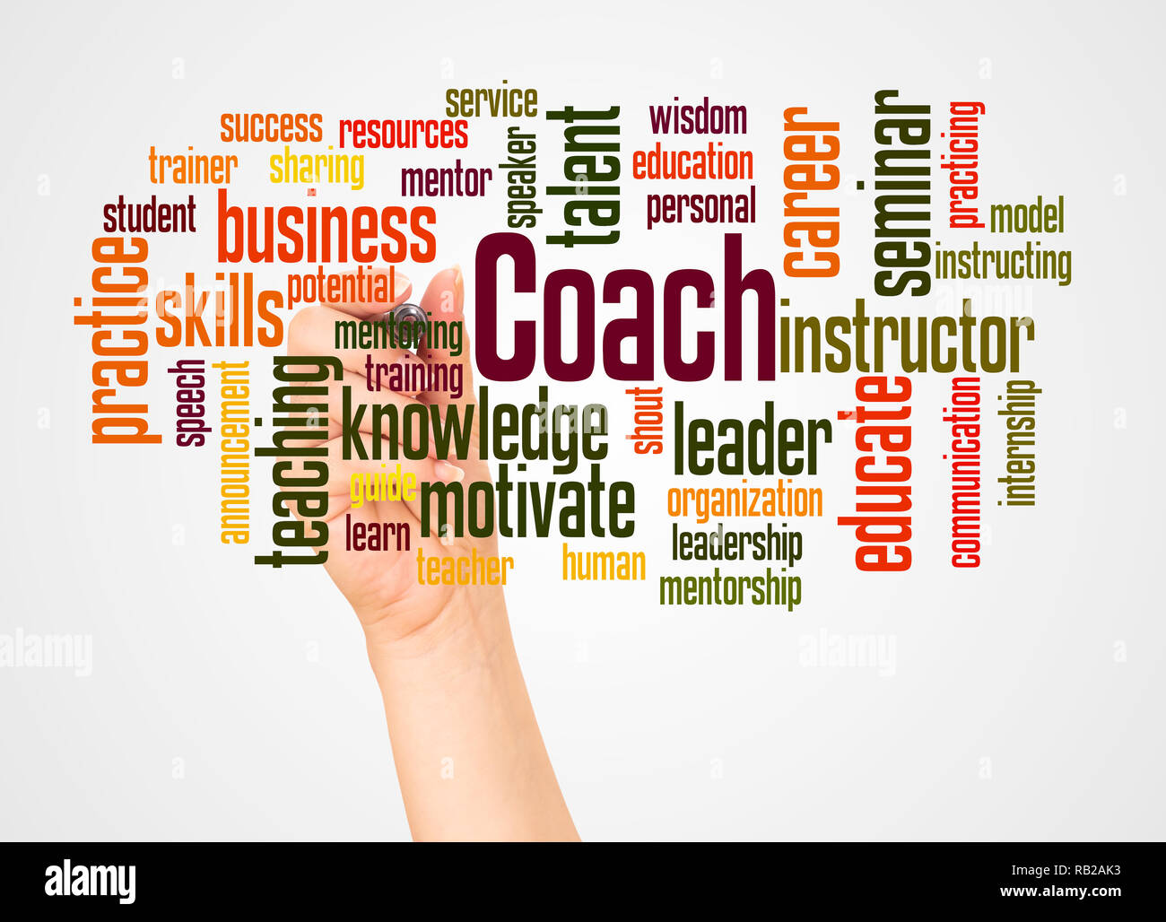 Coach word cloud and hand with marker concept on white background Stock Photo - Alamy