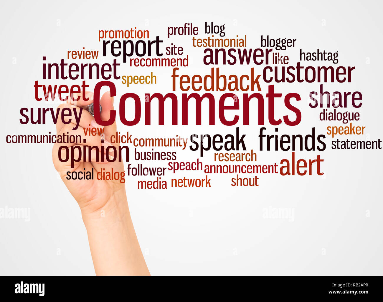 Comments word cloud and hand with marker concept on white background ...