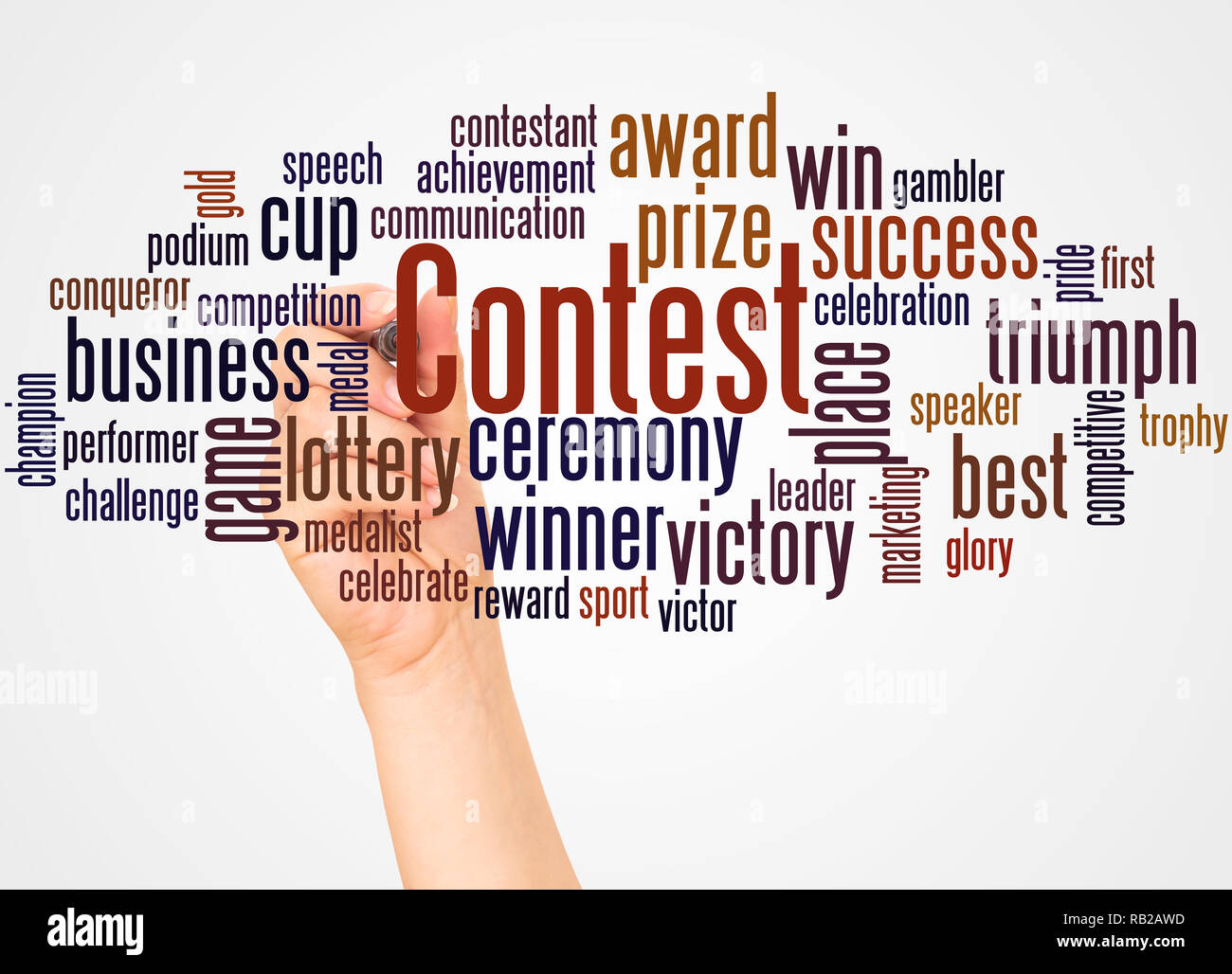 Contest word cloud and hand with marker concept on white background ...