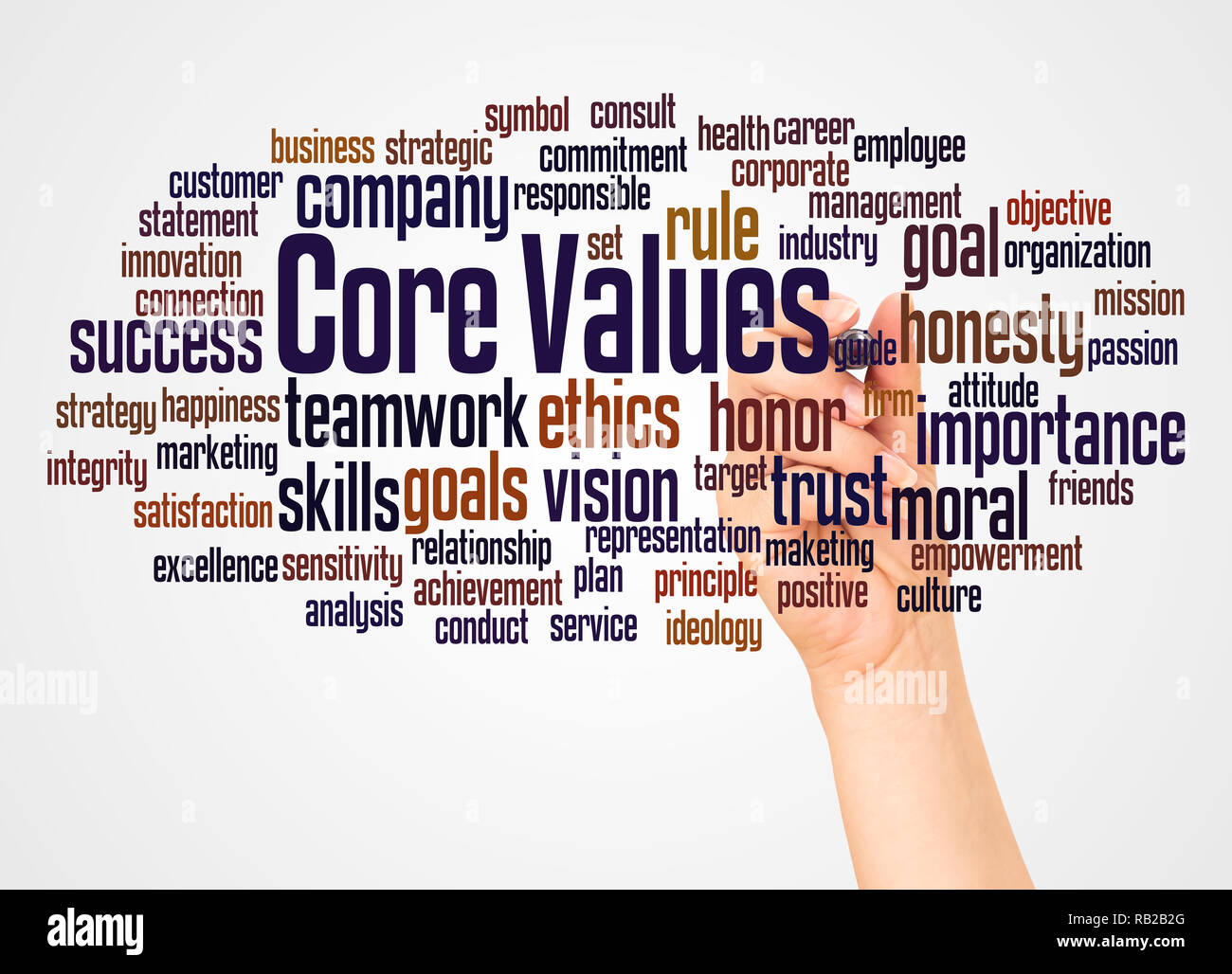 Core values word cloud and hand with marker concept on white background ...