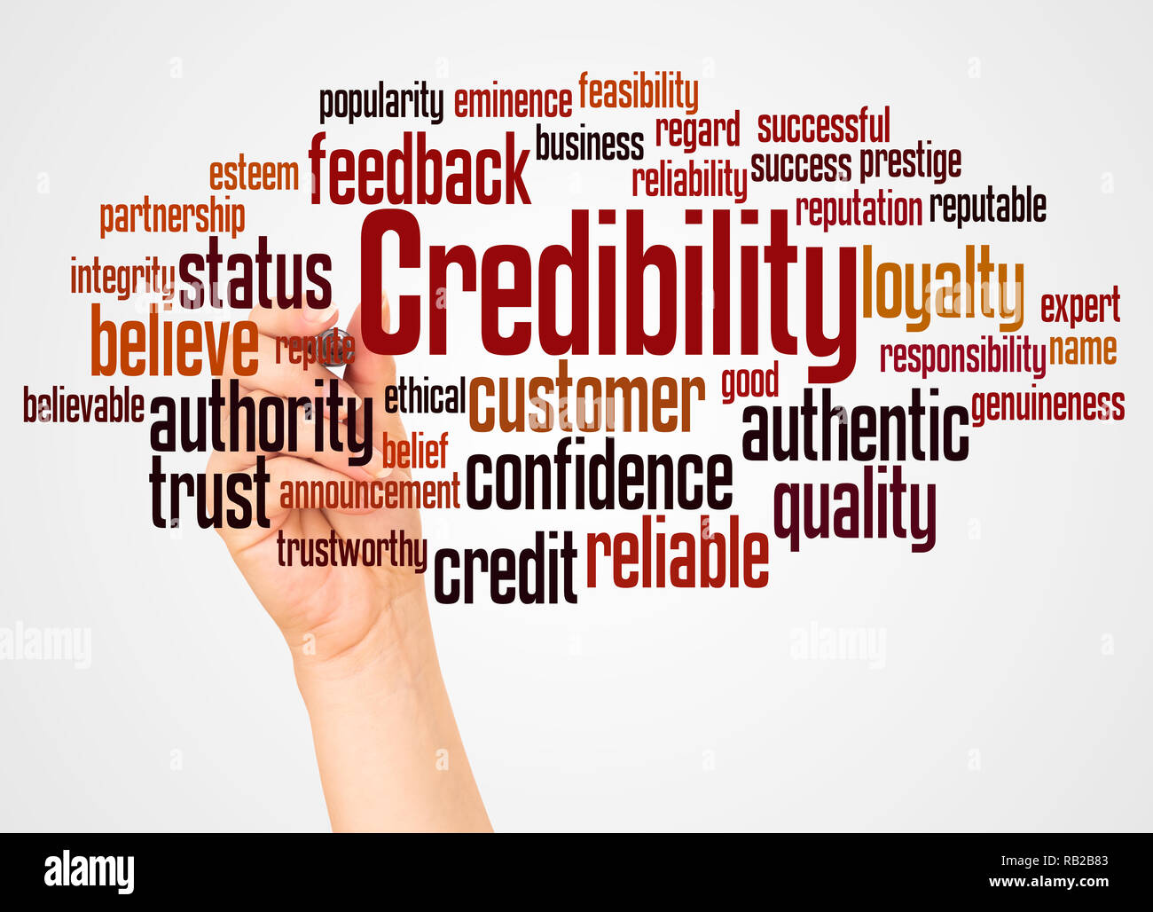 Credibility word cloud and hand with marker concept on white background ...