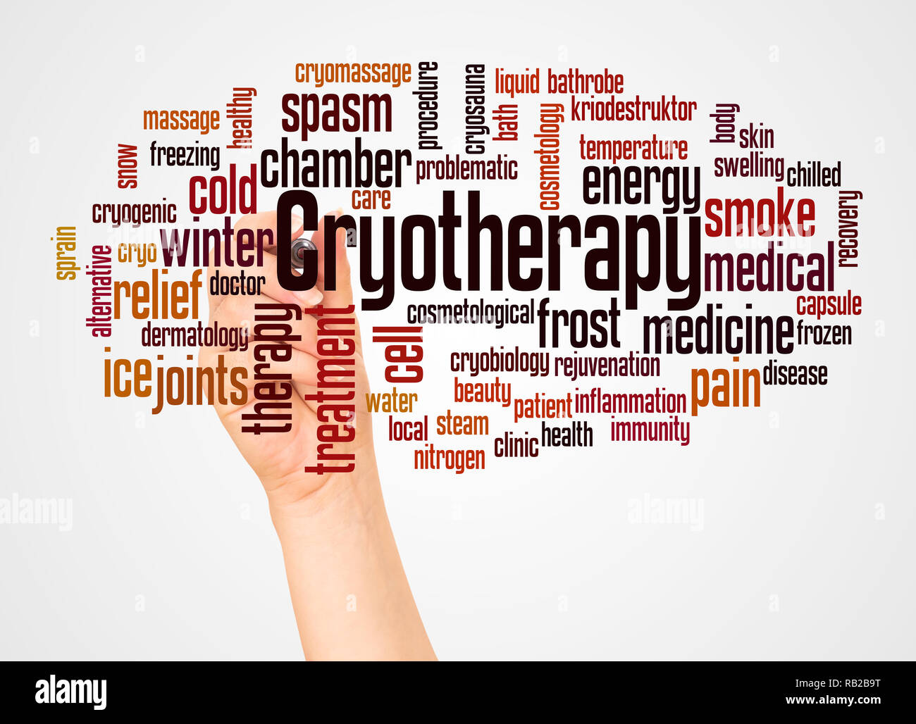 Cryotherapy word cloud and hand with marker concept on white background ...