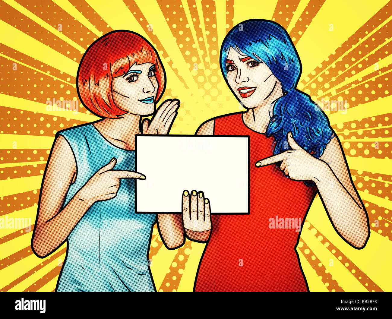 Females with paper in hands. Portrait of young women in comic pop art ...