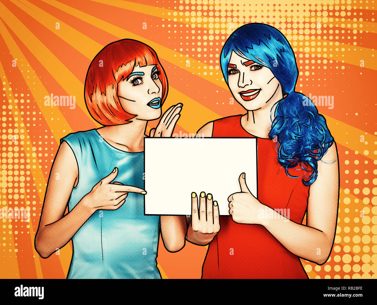 Females with paper in hands. Portrait of young women in comic pop art ...