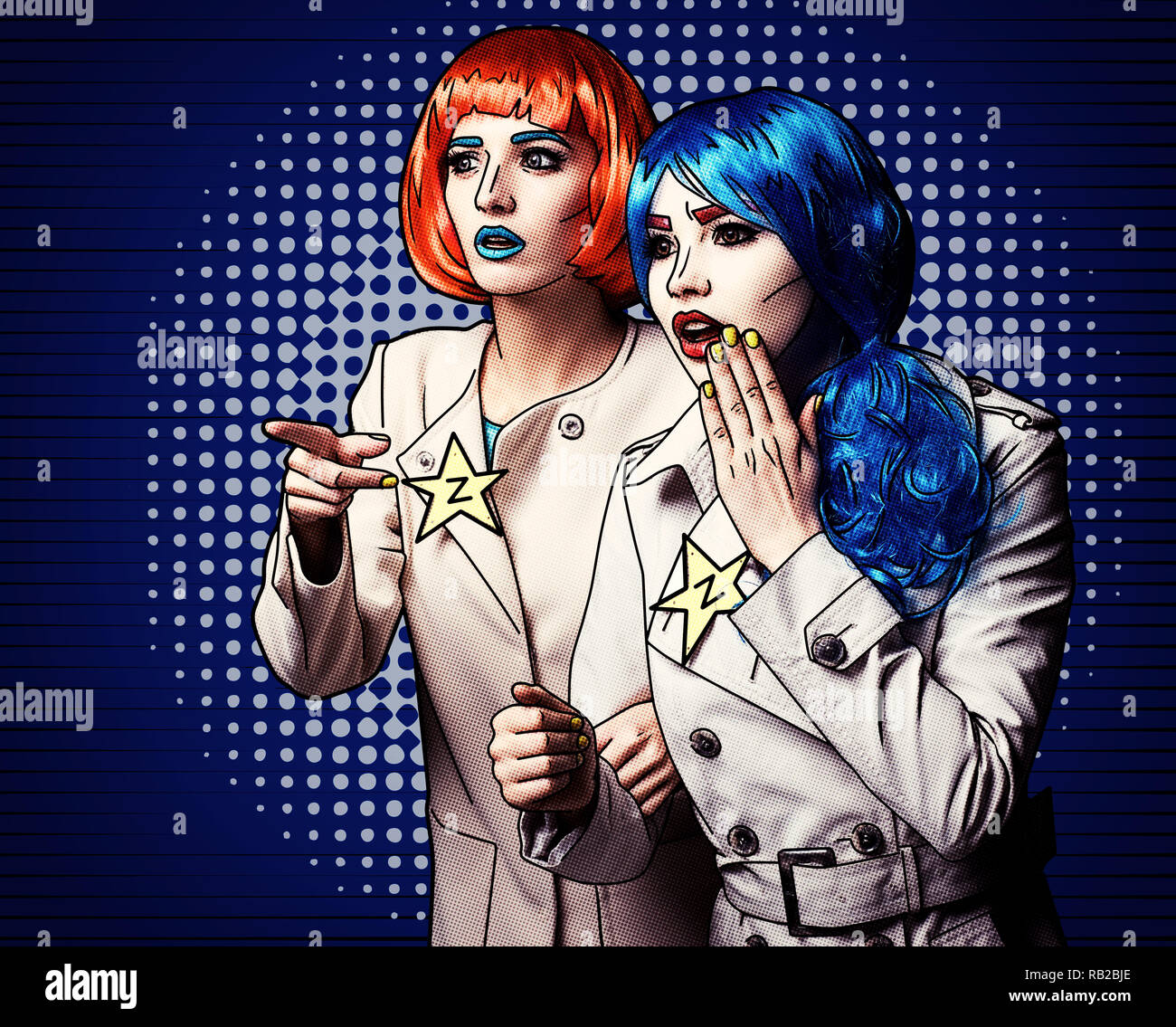 Portrait of young women in comic pop art make-up style on blue cartoon ...