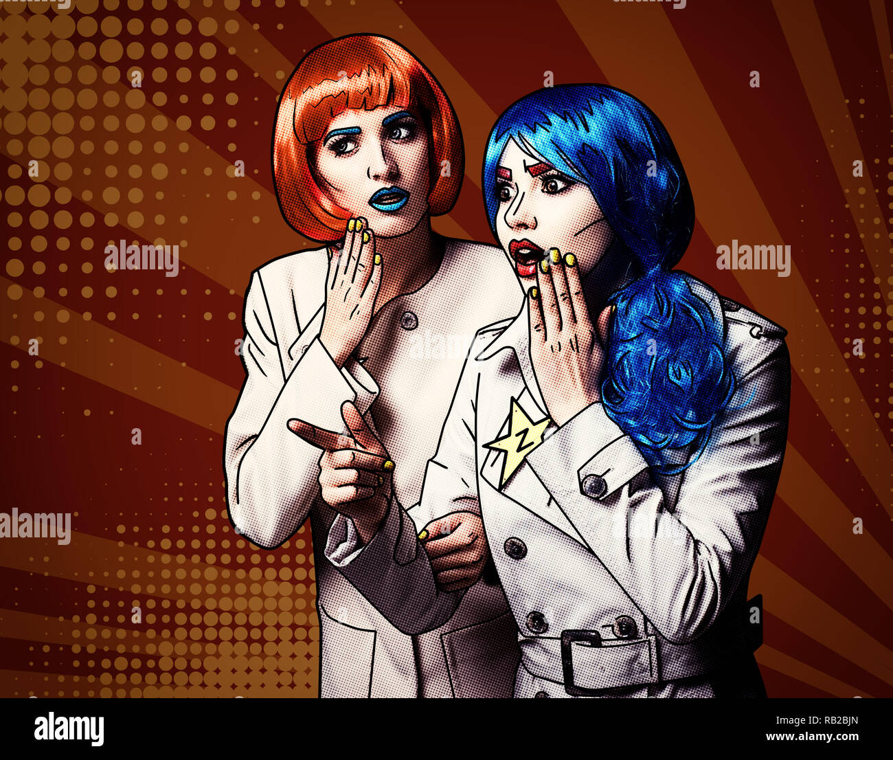 Portrait of young women in comic pop art make-up style on red cartoon ...