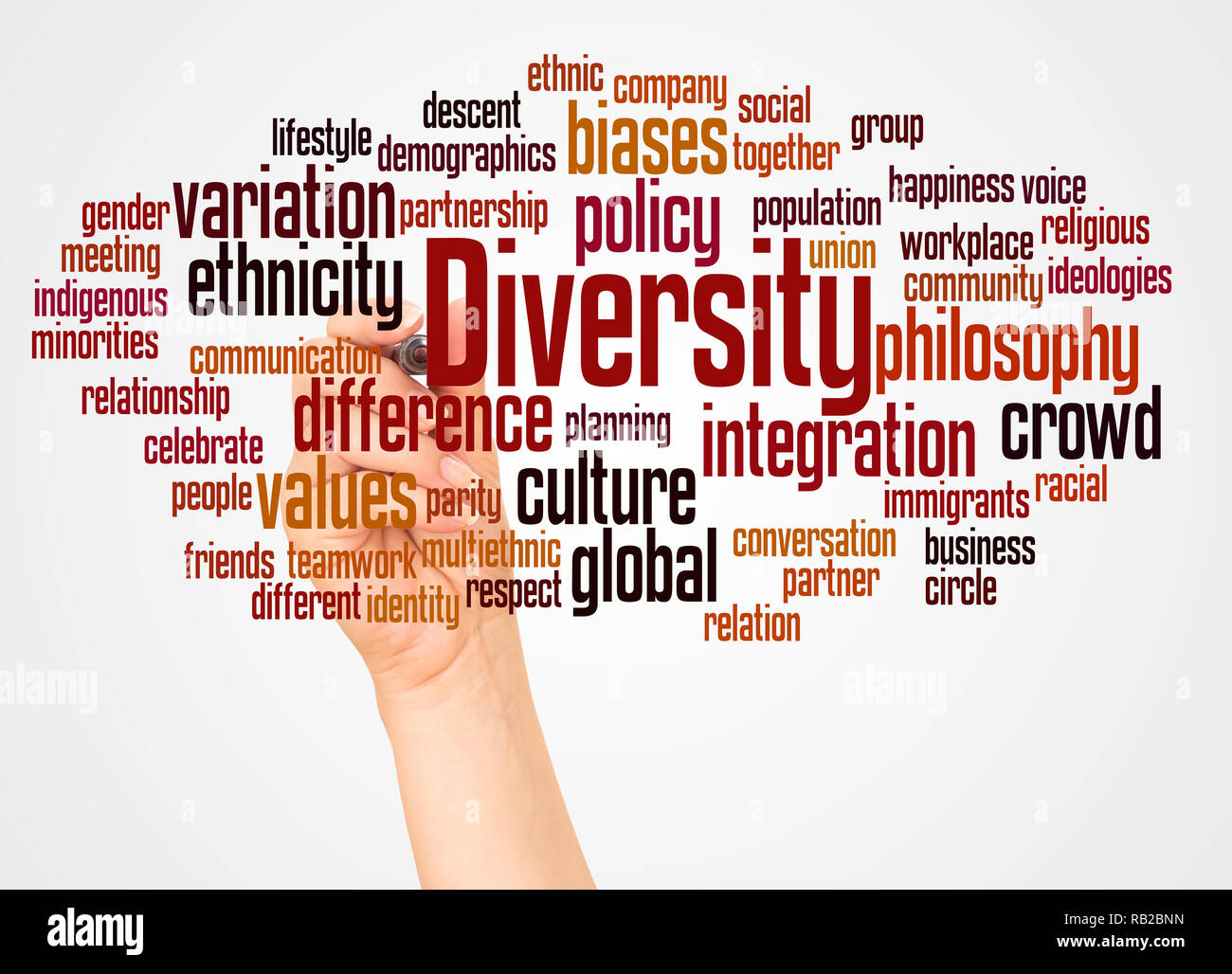 Diversity word cloud and hand with marker concept on white background ...