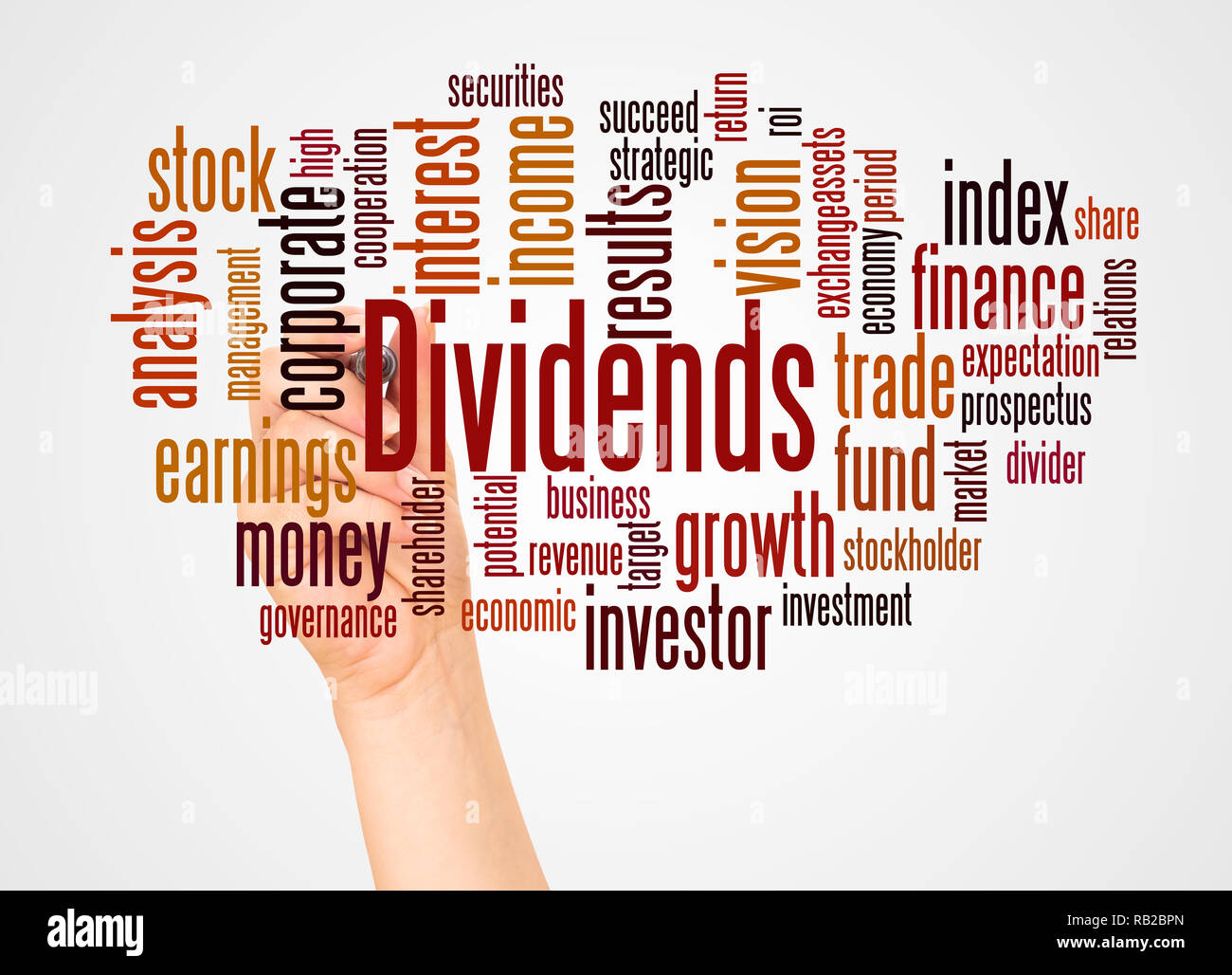 Dividends word cloud and hand with marker concept on white background ...