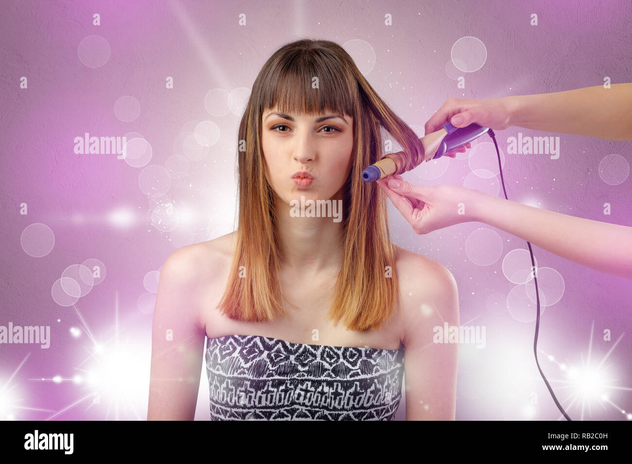 Young woman portrait with shiny pink beauty salon concept and personal ...