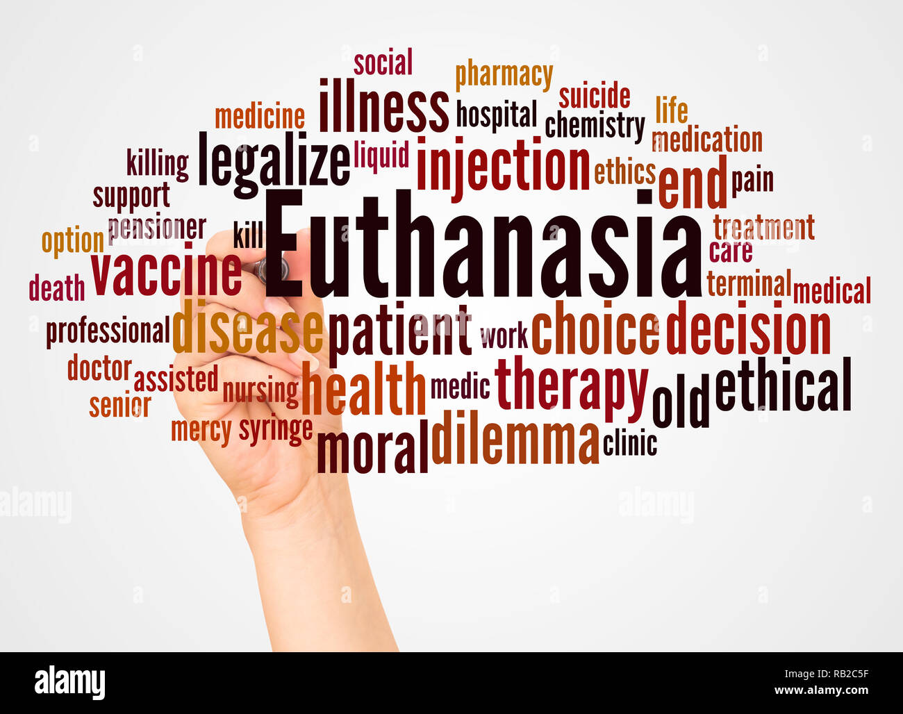 Euthanasia word cloud and hand with marker concept on white background ...