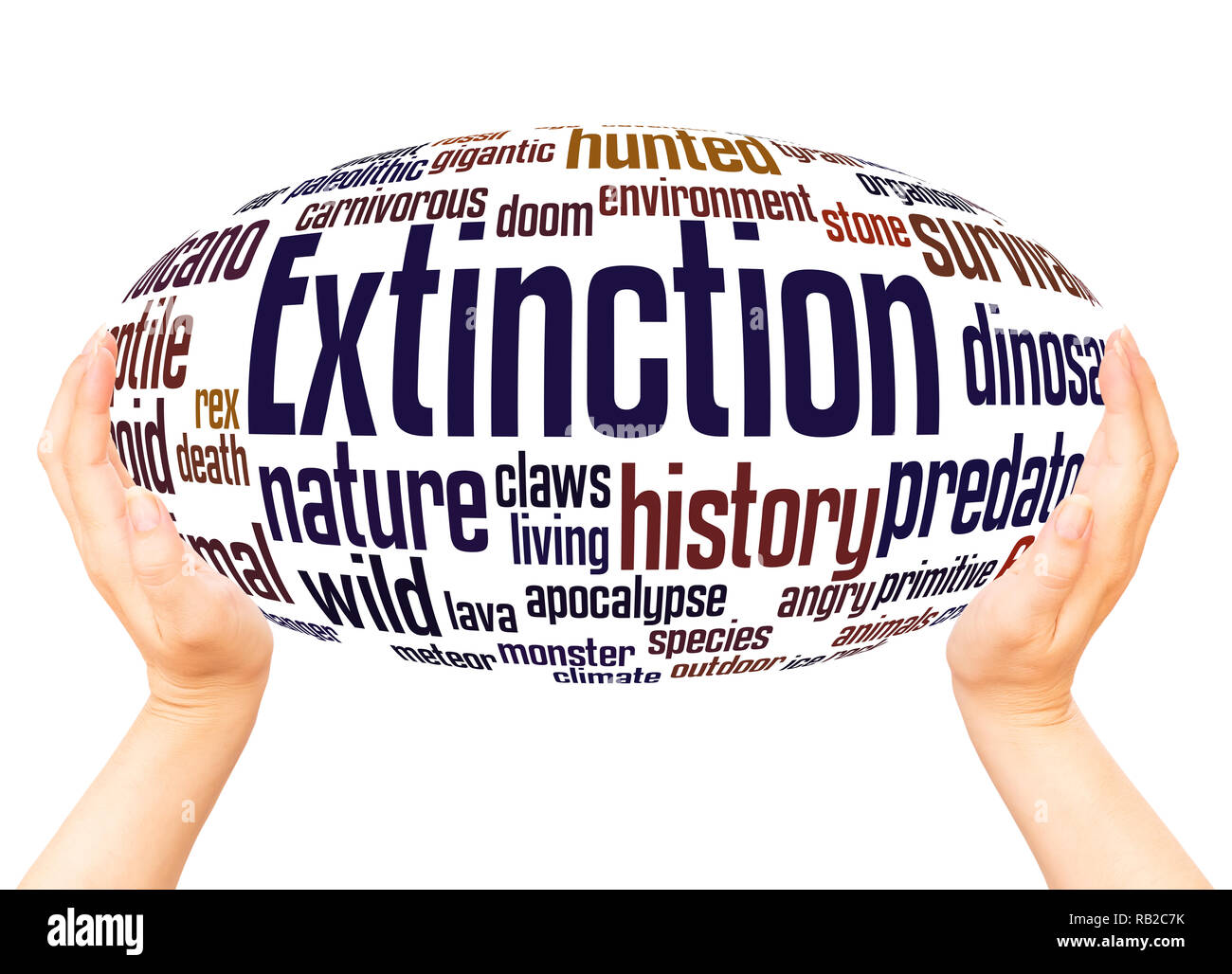 Extinction word cloud and hand hand sphere concept on white background ...