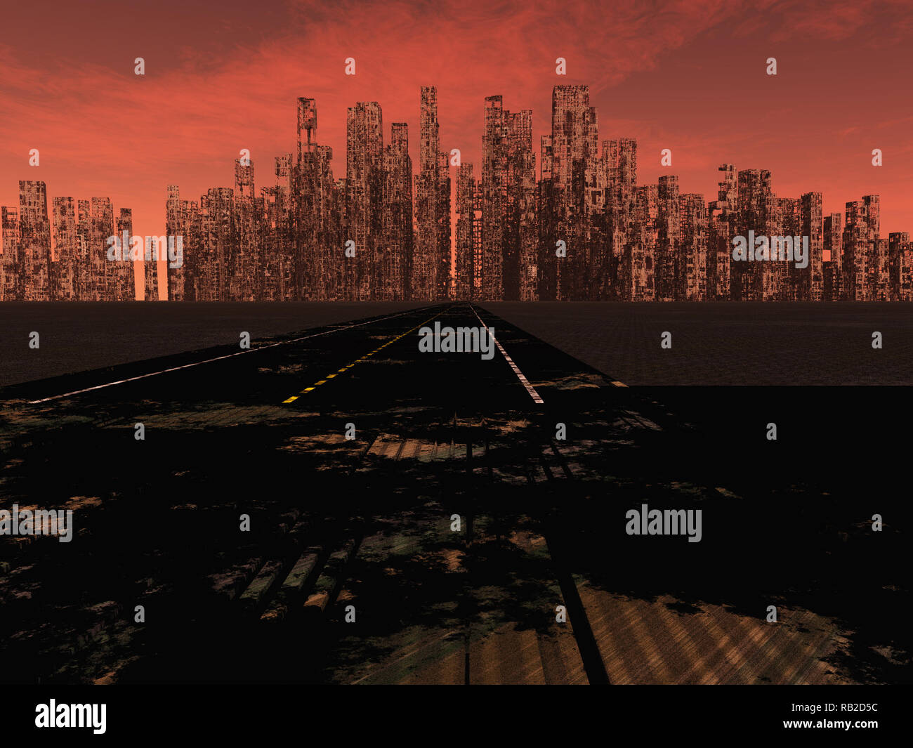 Road to dead city. Red sky horizon Stock Photo - Alamy