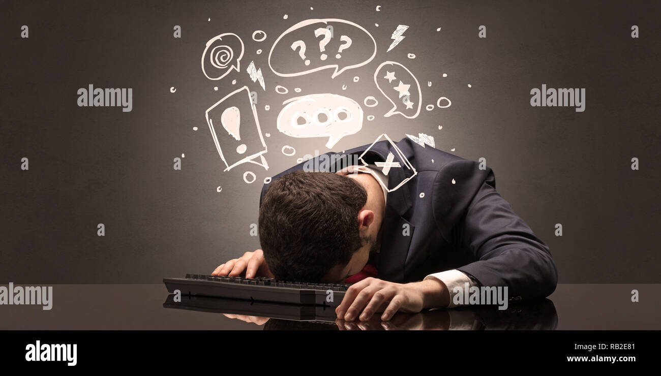 Elegant teacher fell asleep at his workplace with full draw blackboard ...