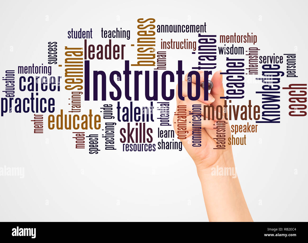 Instructor word cloud and hand with marker concept on white background ...