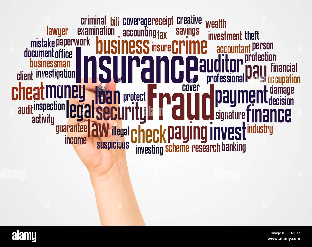 Insurance fraud, word cloud and hand with marker concept on white ...