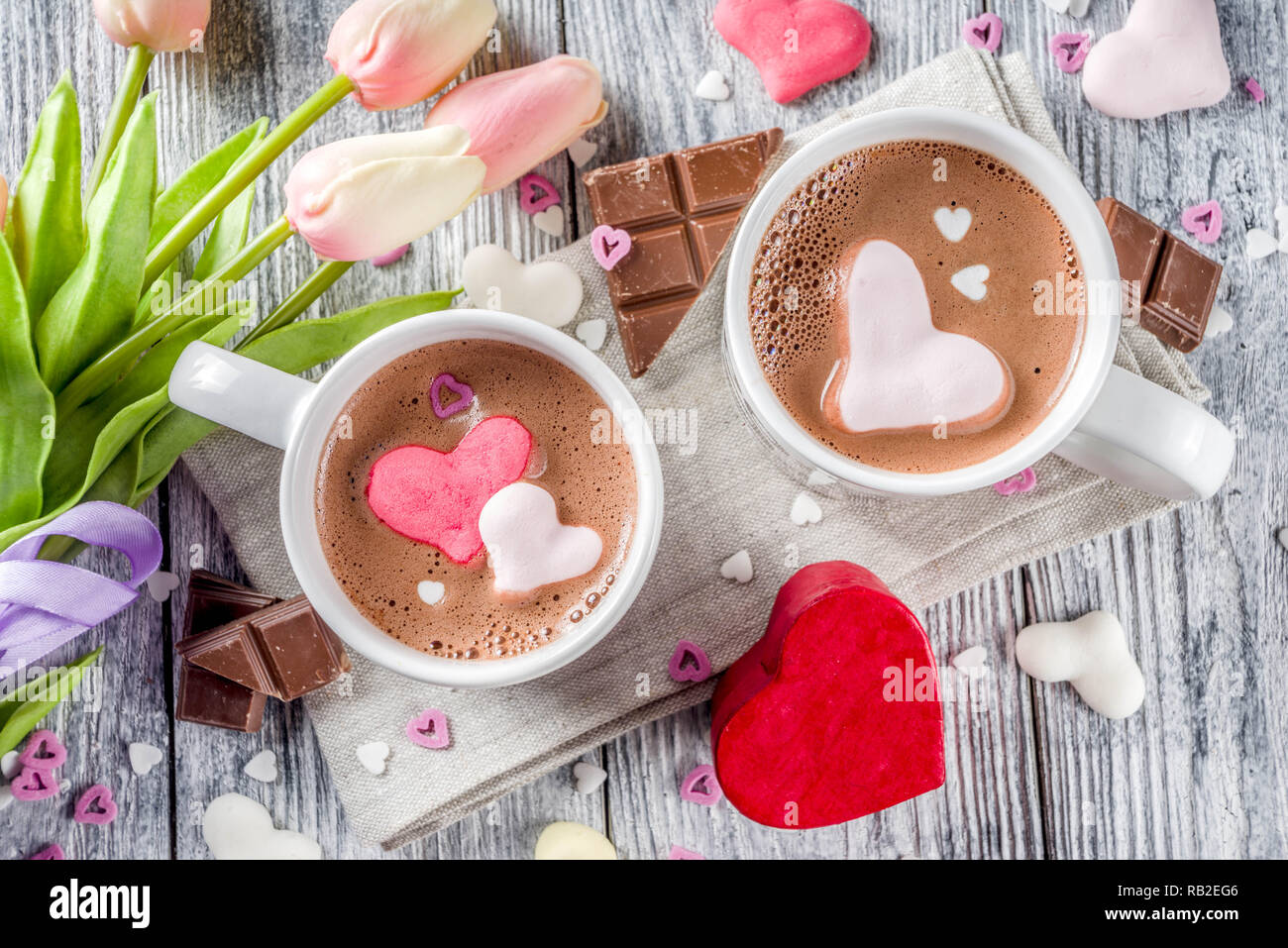Valentines day treat ideas, two cups hot chocolate drink with ...
