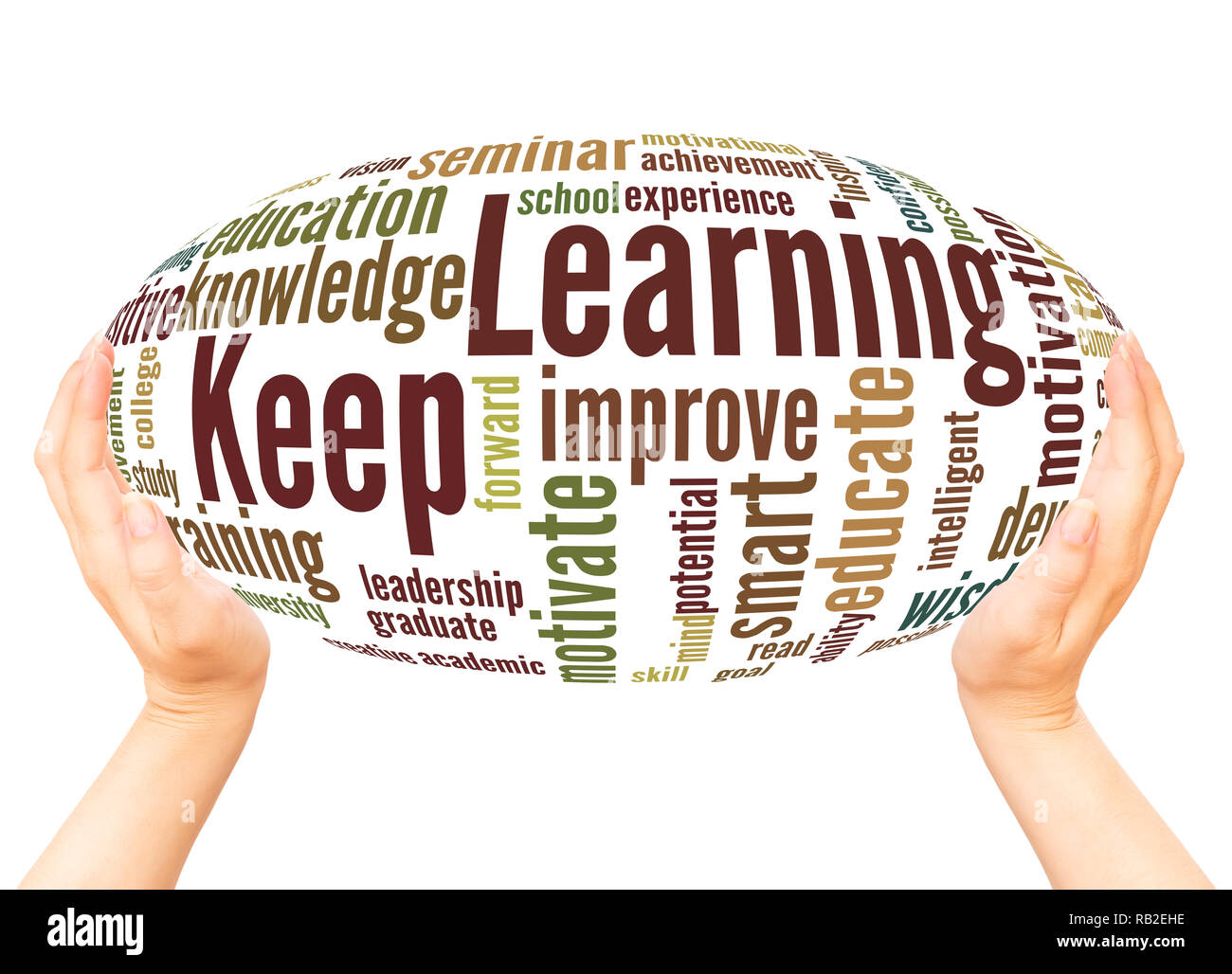 Keep Learning word cloud hand sphere concept on white background Stock ...