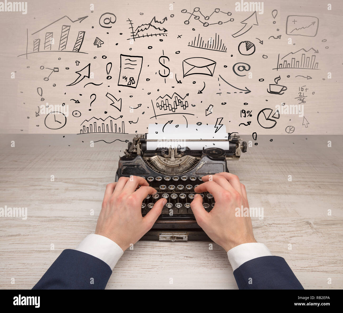 Typewriter with doodles, idea, message, plane, car balloon social media ...