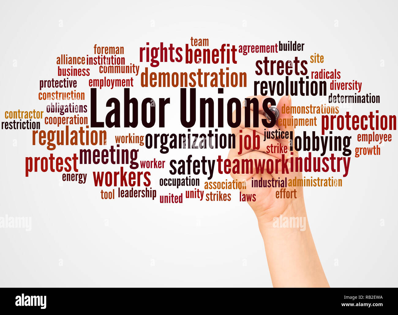 Labor unions word cloud and hand with marker concept on white ...