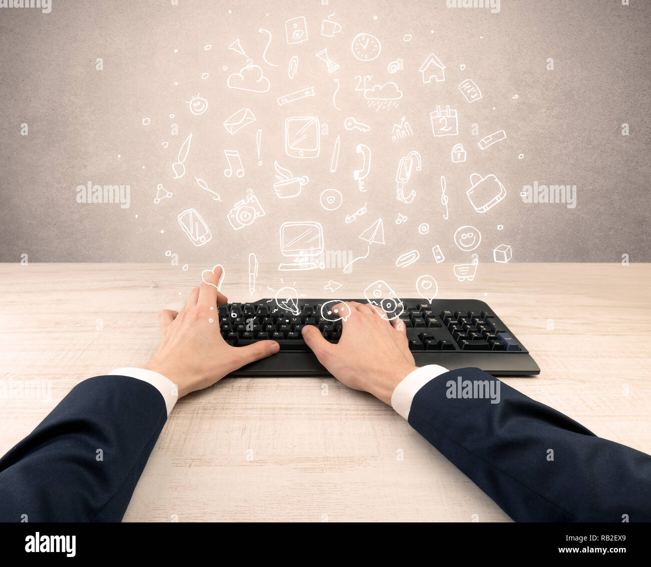 First person view of an elegant businessman hand typing with doodle ...