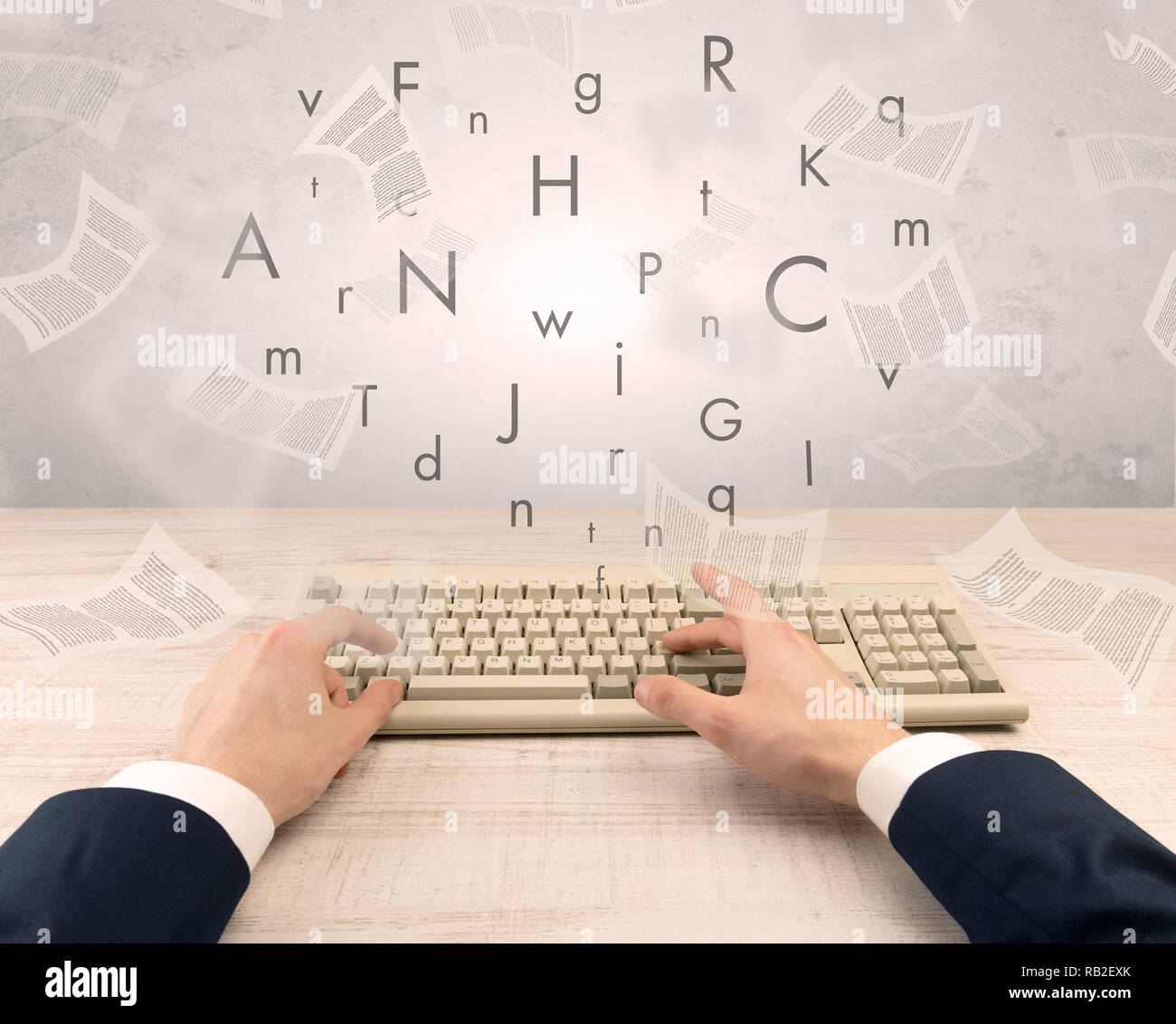 First person view of an elegant businessman hand typing with fluttering ...