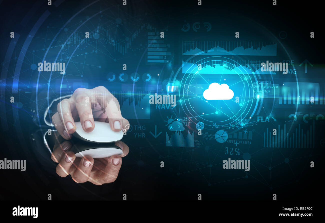 Hand using wireless mouse with cloud technology concept and dark ...