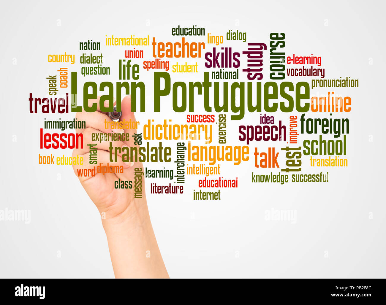 Learn Portuguese word cloud and hand with marker concept on white ...