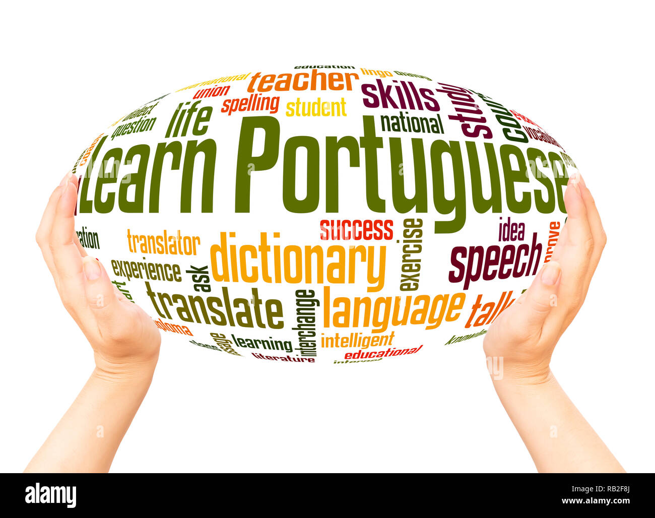 Learn Portuguese word cloud hand sphere concept on white background ...