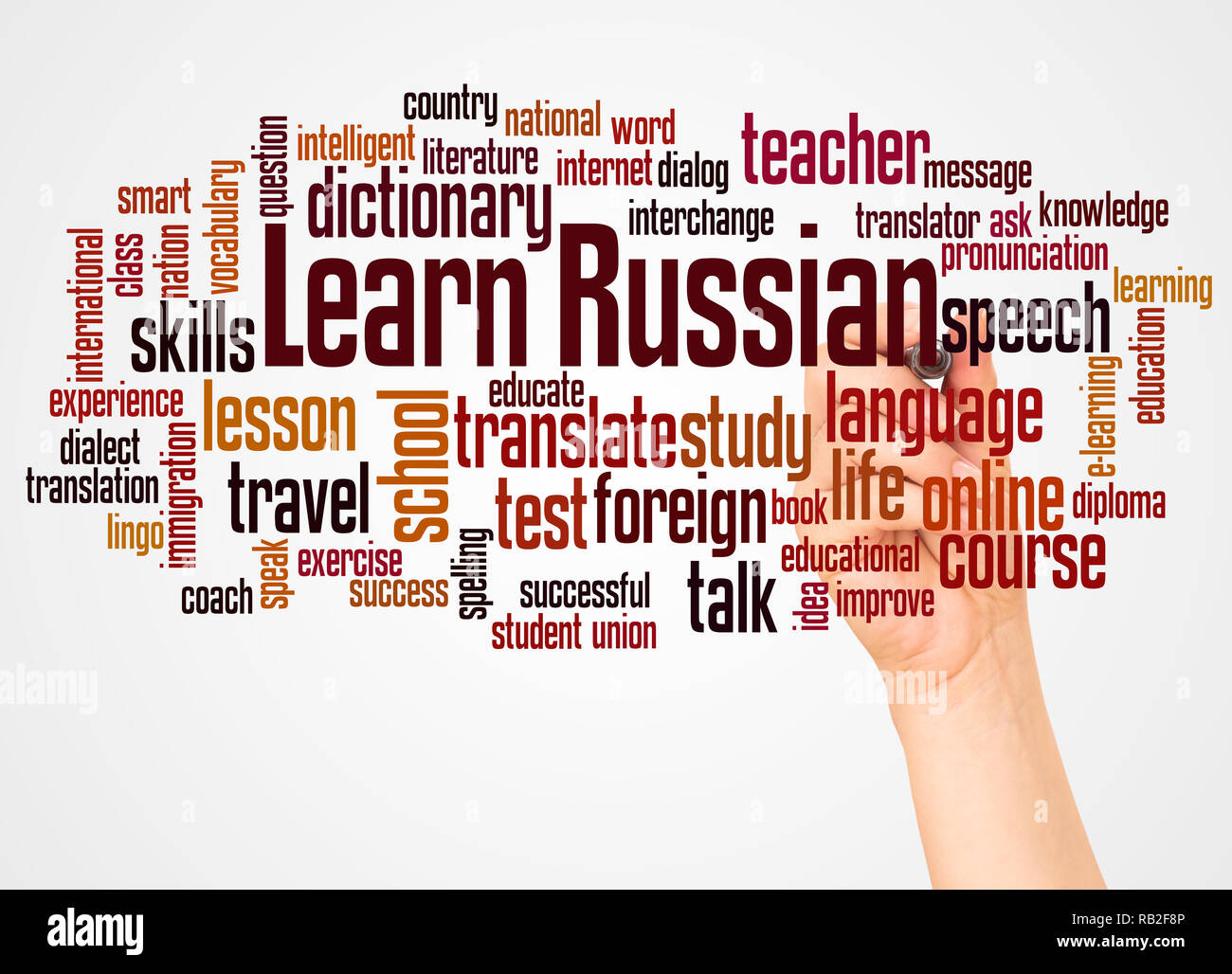 Learn Russian word cloud and hand with marker concept on white ...