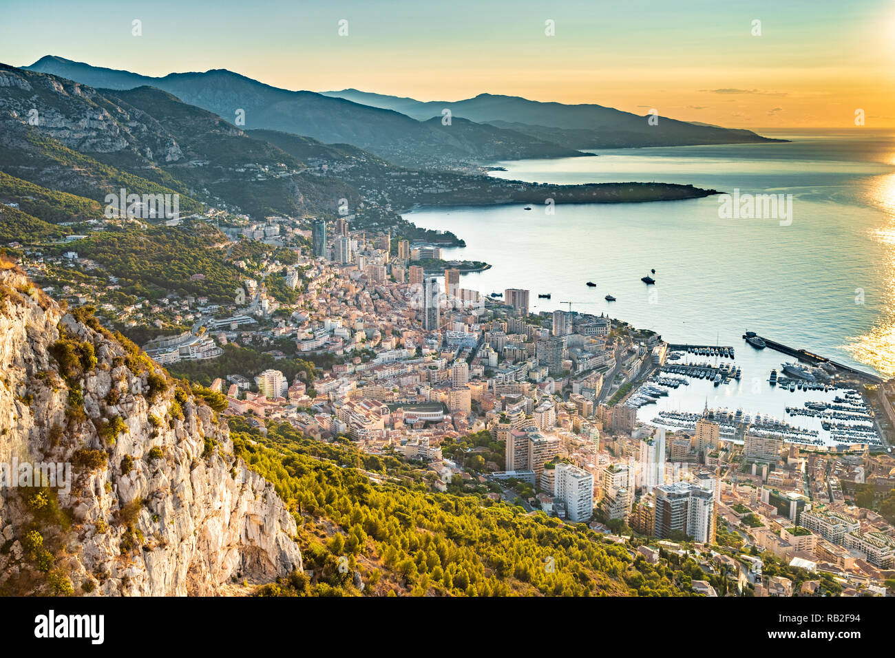 Aerial view of Kingdom of Monaco at sunrise, view from La Turbie, Monte ...