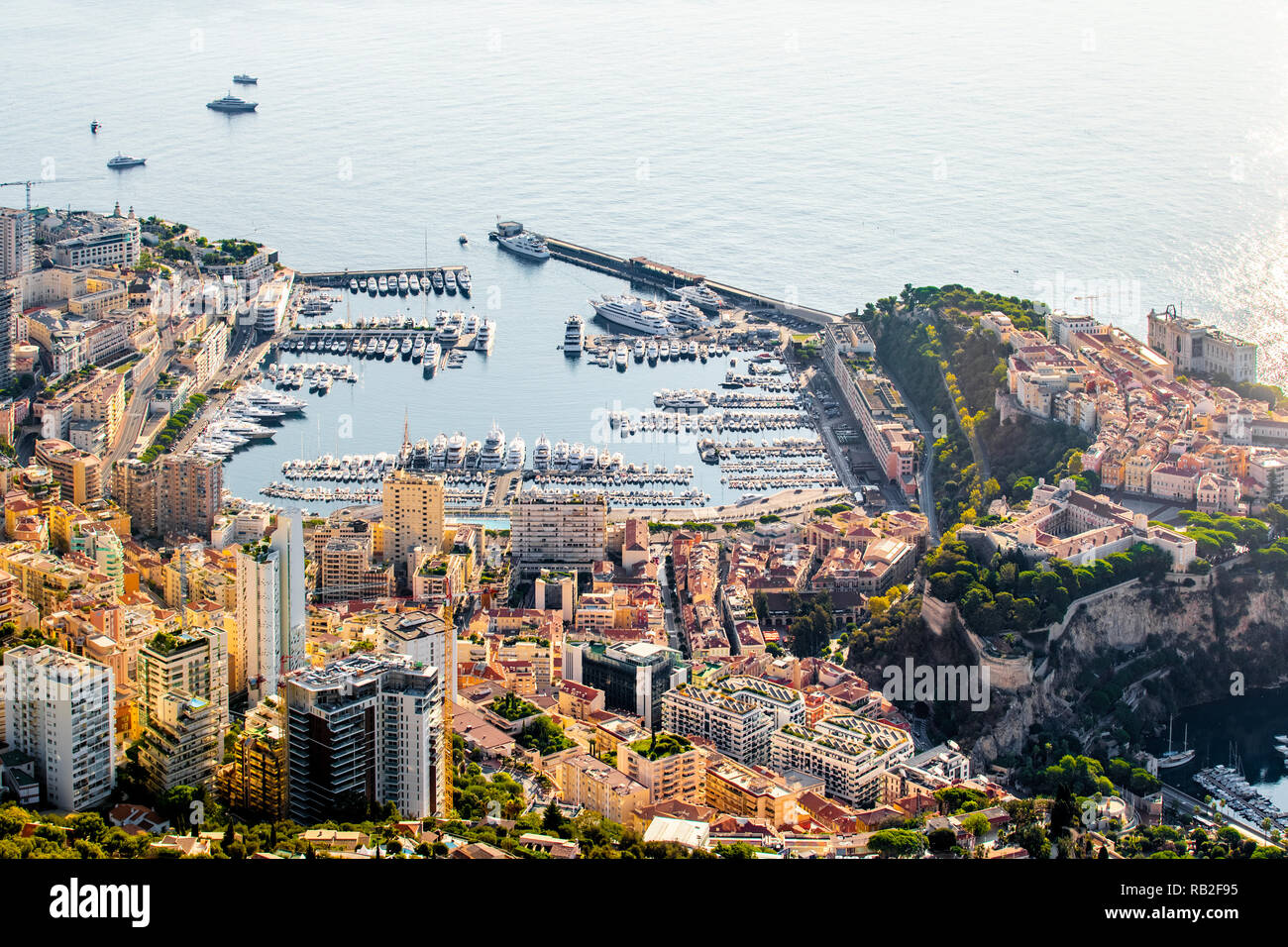 Aerial view of Kingdom of Monaco at sunrise, view from La Turbie, Monte ...